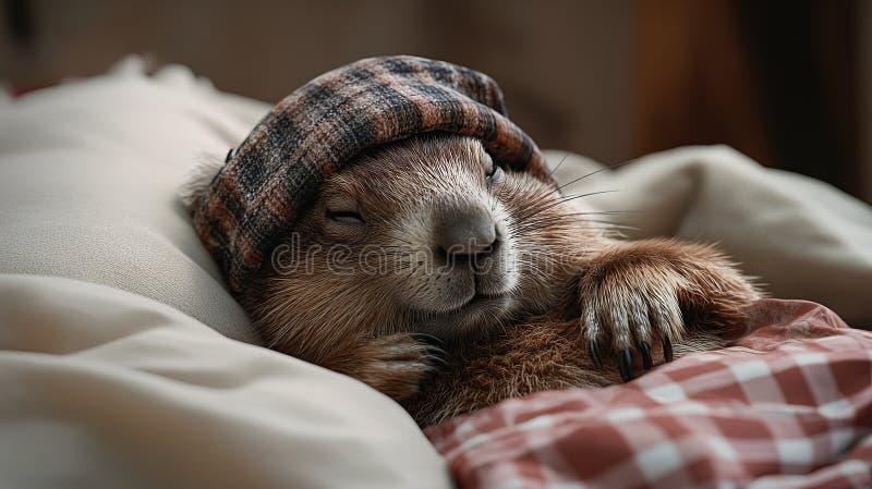 Groundhog with a Tiny Nightcap Tilted To One Side, Sleepy but Adorable ...