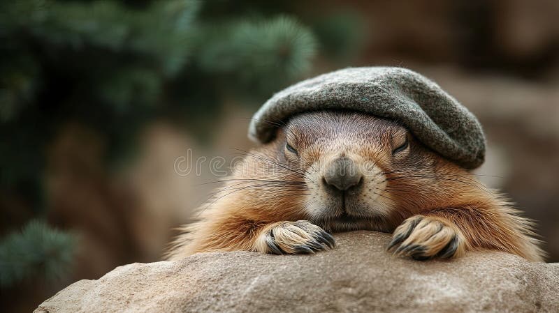 Groundhog with a Tiny Nightcap Tilted To One Side, Sleepy but Adorable ...