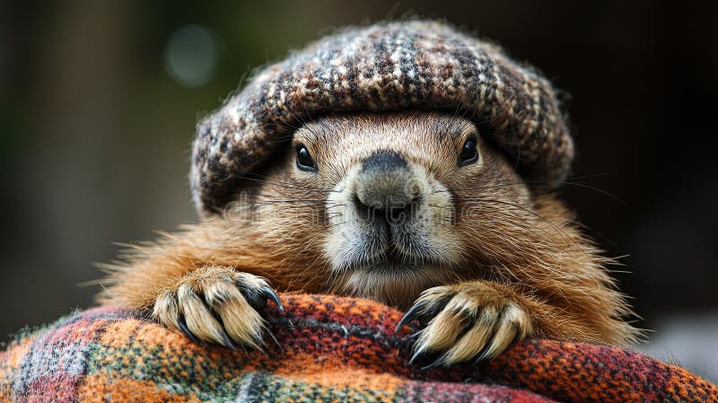 Groundhog with a Tiny Nightcap Tilted To One Side, Sleepy but Adorable ...