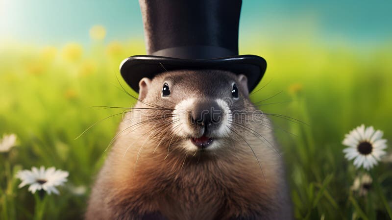 A Groundhog in a Top Hat on a Background of Green Spring Grass Stock ...