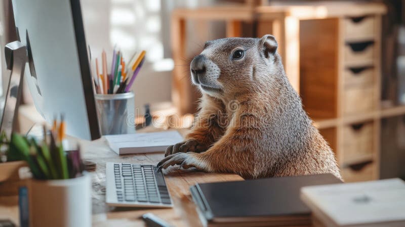 Groundhog is Using a Desktop Computer, with Focus and Digital Stock ...