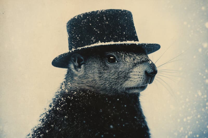 Groundhog Wearing Black Hat during Snowfall Stock Photo - Image of ...