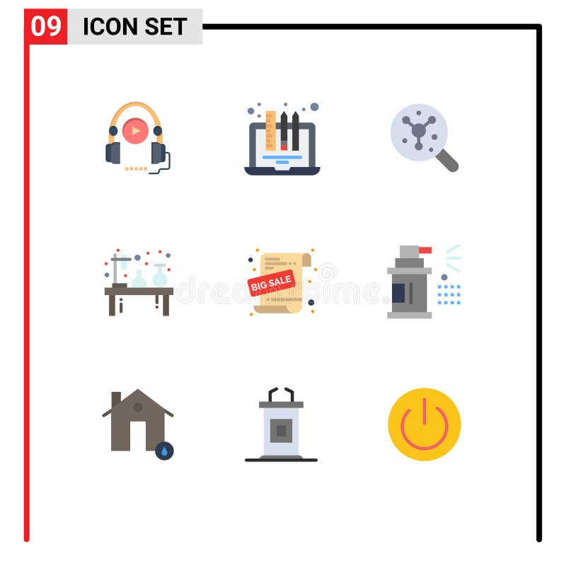 Group of 9 Flat Colors Signs and Symbols for Lamp, Flask, Pencil ...