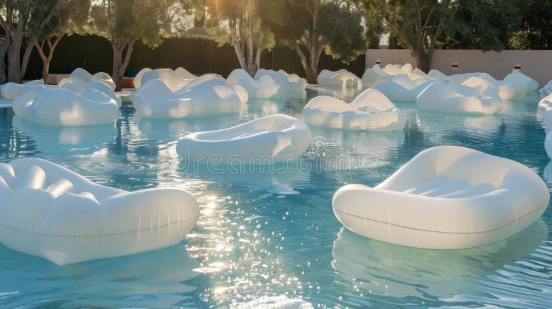 A Group of Abstract Inflatable Shapes Fill a Tranquil Swimming Pool ...