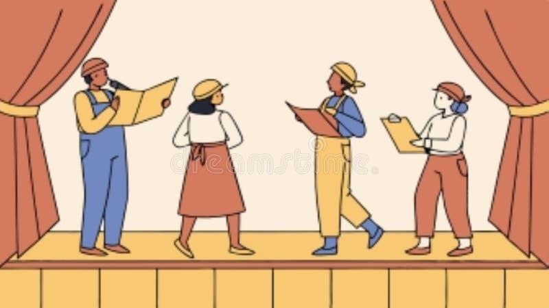 Group Acting on Stage, Theatrical Performance Scene. Vector Design ...