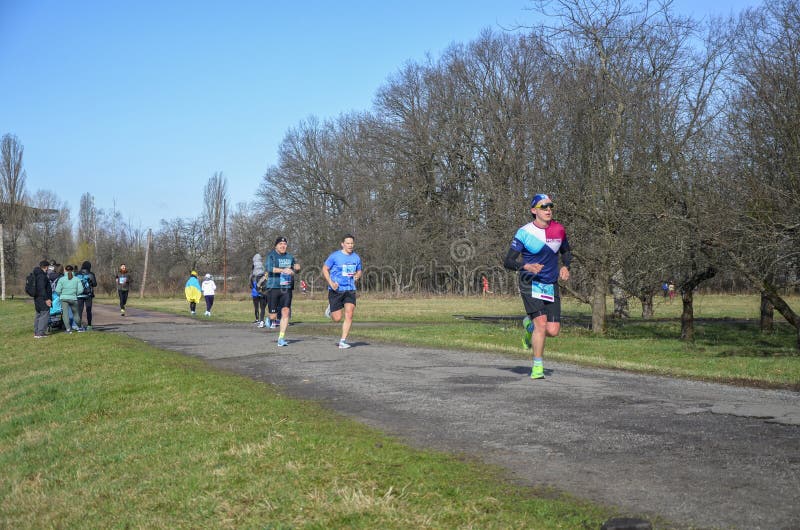 Group of Marathon Runners Pushing Running Wheel Chairs with Disabled ...