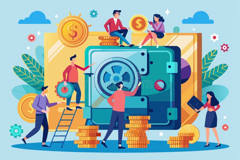 Safe Surrounded by a Pile of Gold Coins with a Dollar Sign on a Blue ...