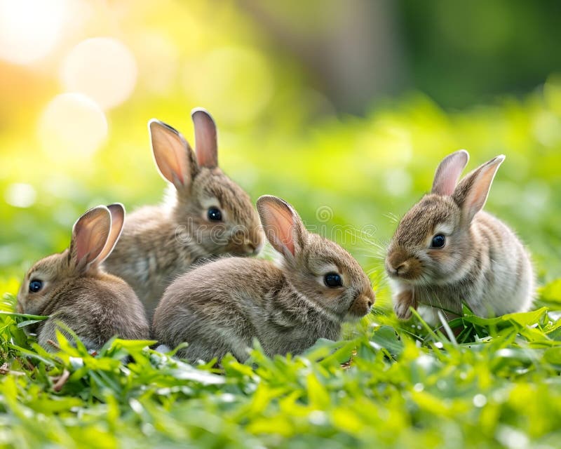 Group of Adorable Bunnies Perched on a Lush Green Meadow, AI-generated ...