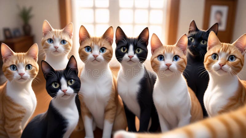 Group of Adorable Cats with Different Colored Fur Looking at Camera ...