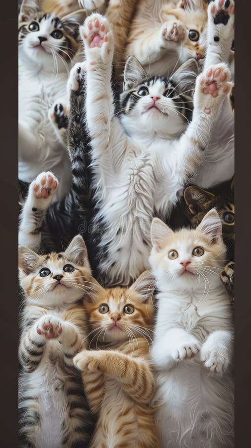 Group of Adorable Kittens with Raised Paws Stock Image - Image of ...