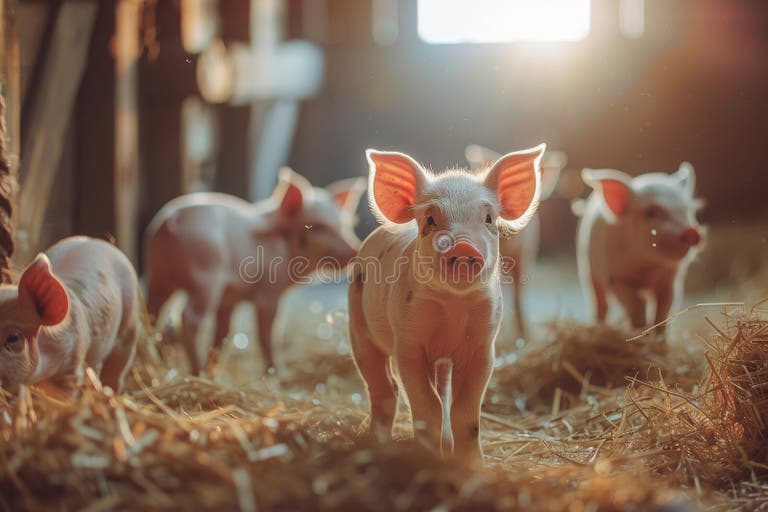 A Group of Adorable Piglets in a Barn, Illuminated by Soft Natural ...