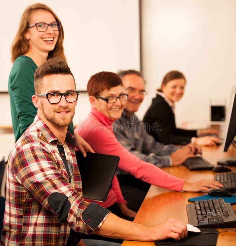 Group of Adults Learning Computer Skills. Intergenerational Tran Stock ...
