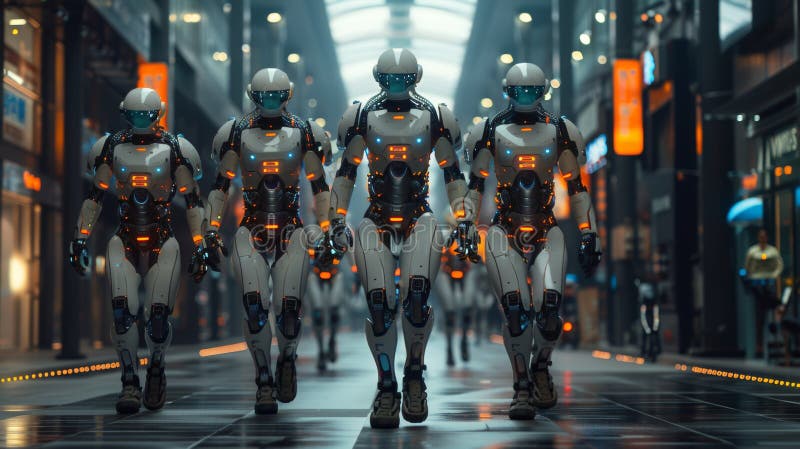 Futuristic Humanoid Robots Walking in a Modern City Setting Stock Illustration - Illustration of ...
