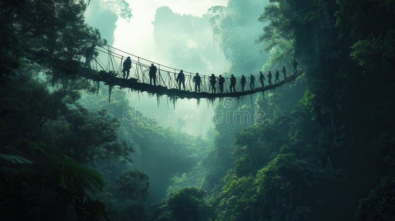 Group of Adventurers Crossing a Suspension Bridge in a Dense Jungle ...