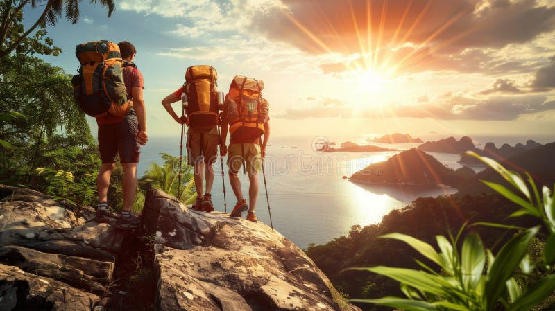 Group of Adventurous Hikers Exploring Mountain Trails at Sunset, Summer ...