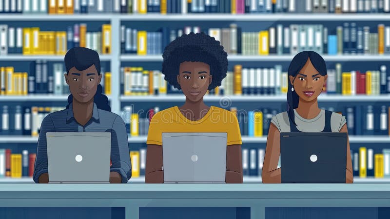 Group of African American Students in Library. Vector Illustration ...