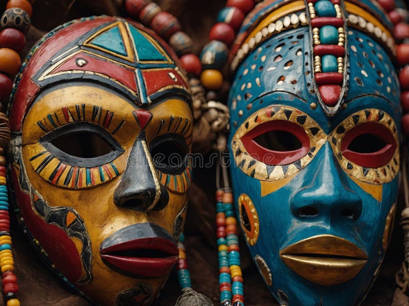 A Group of African Masks with Colorful Designs and Beads. Stock ...