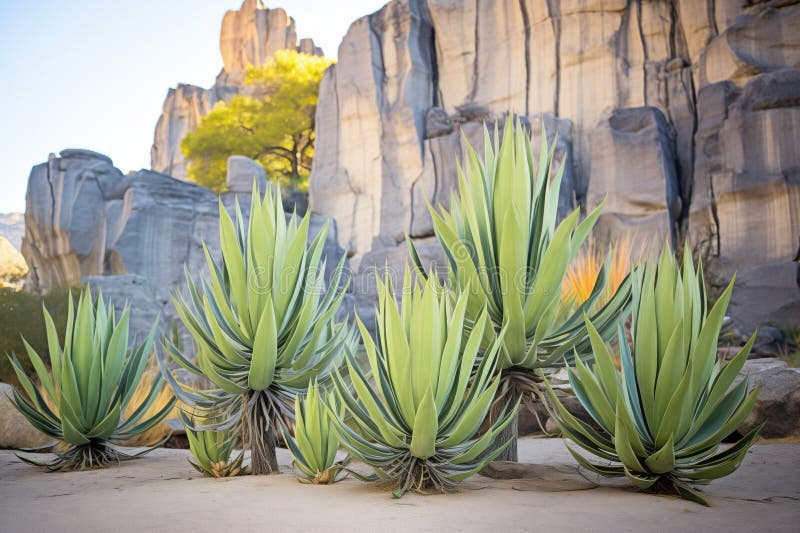 Group of Agave Plants with a Rocky Terrain Backdrop Stock Illustration ...