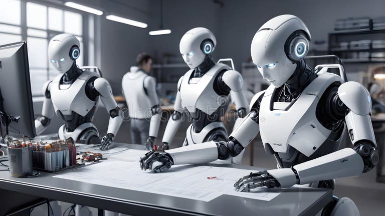 A Group of AI Robotic Engineers Working on a Humanoid Robot Stock ...