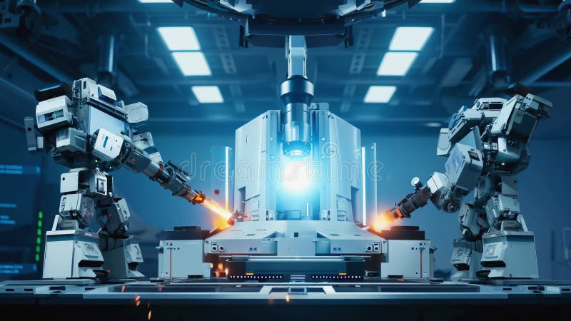 A Group of AI Robots Assembling Spacecraft Components in a High-tech ...