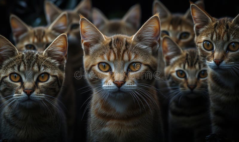 Group of Alert Tabby Cats with Striking Eyes in a Dark Setting Stock ...