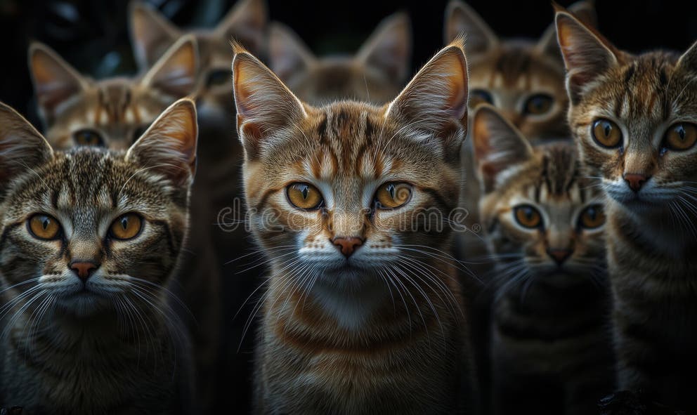 Group of Alert Tabby Cats with Striking Eyes in a Dark Setting Stock ...