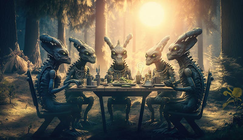 Group of Alien Beings Having a Picnic in the Forest in Glowing Light ...