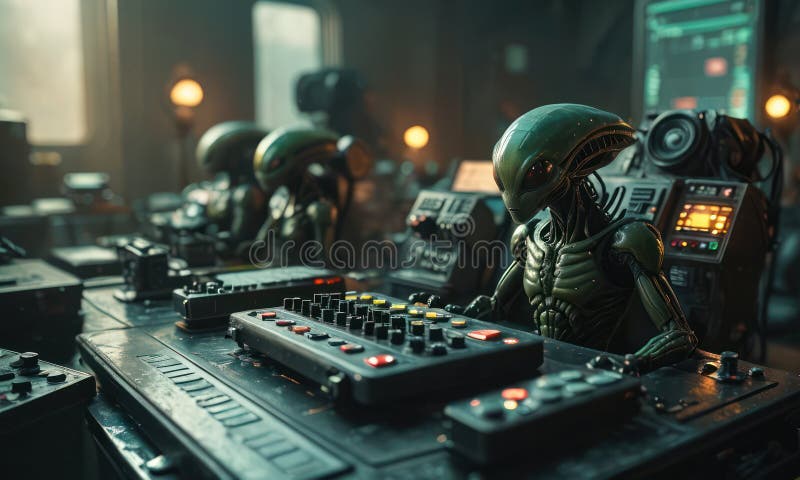 A Group of Alien Robots are Sitting at a Table with a Music Control ...