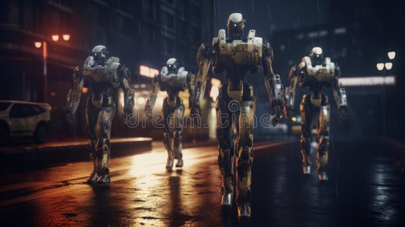 Group of Alien Robots Walking on a City Street Stock Illustration ...