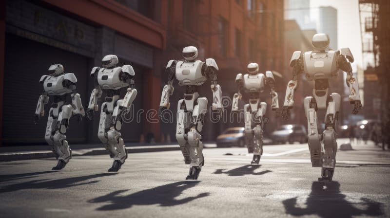 Group of Alien Robots Walking on a City Street Stock Illustration ...