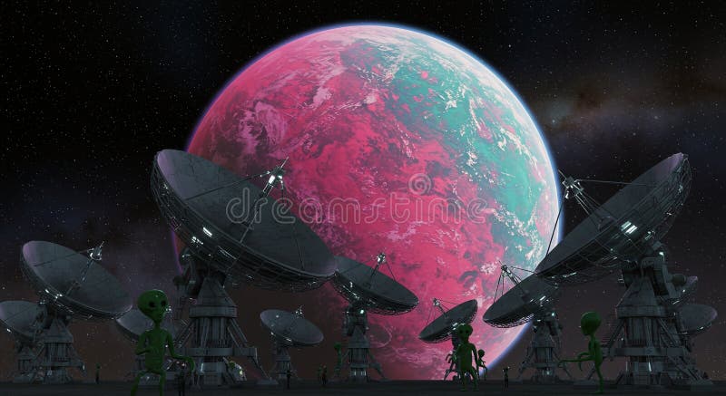 Aliens Observing a Pink and Green Planet with Satellite Dishes Array ...