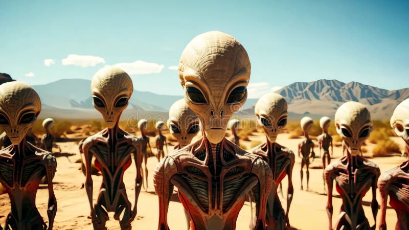 A Group of Aliens Standing in a Desert Landscape Stock Video - Video of ...