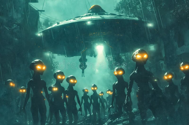 A Group of Aliens Standing in Front of a Spaceship in the Rain ...