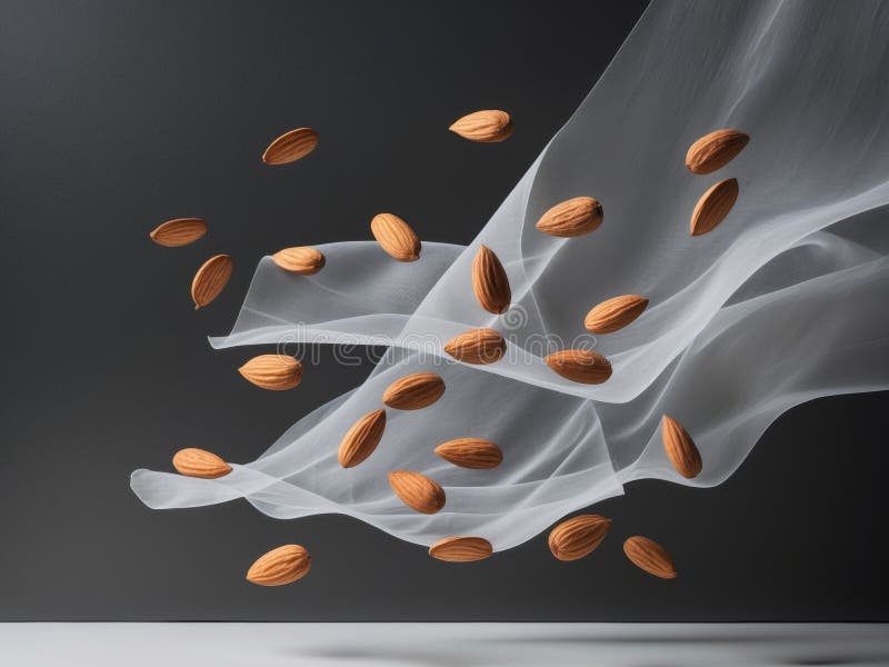 Group Almonds Falling Down Black Background Different Flying Stock ...
