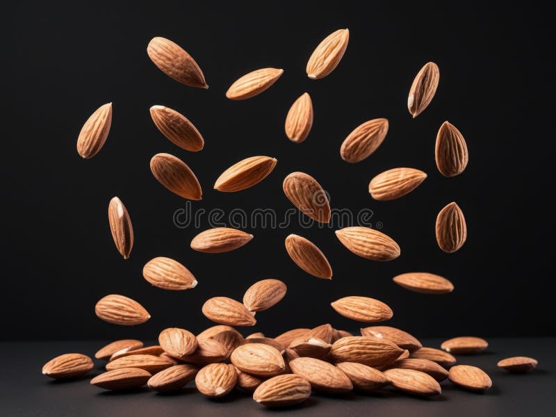 Group Almonds Falling Down Black Background Different Flying Stock ...