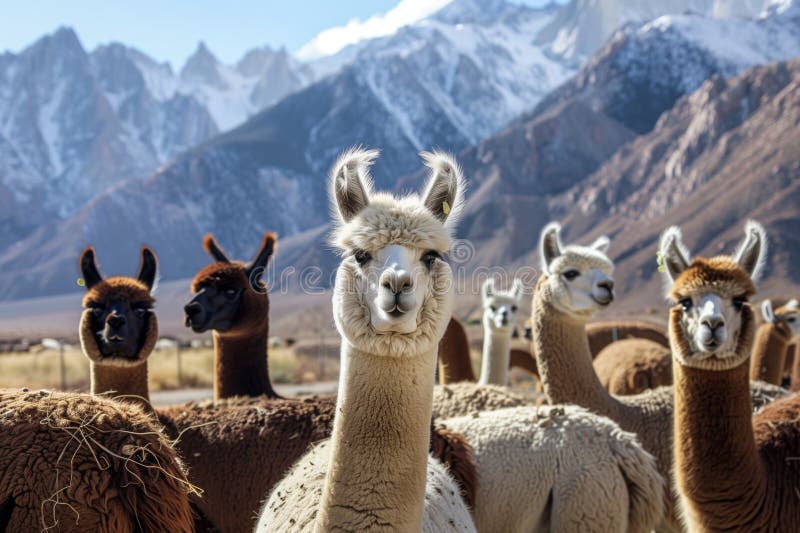 Group of Alpacas Looking at the Camera with Mountains Behind Stock ...