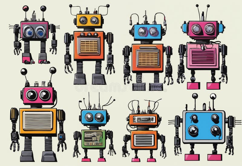 A Group of Analog Robots in Retro Style Stock Illustration ...