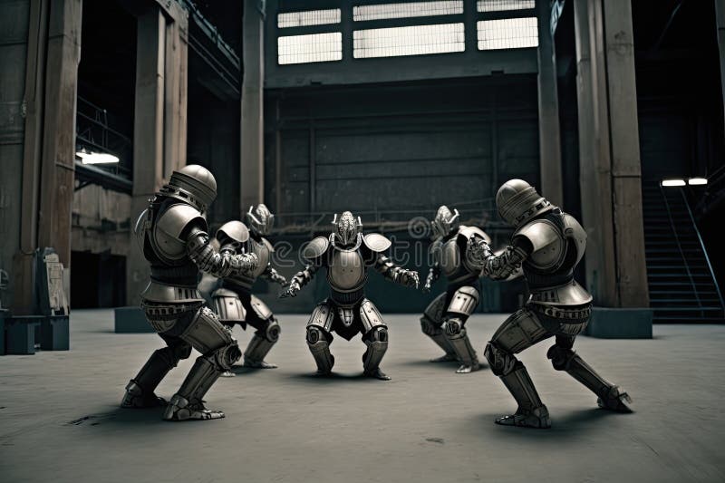 A Group of Androids Performing a Complex Dance Routine in an Industrial ...