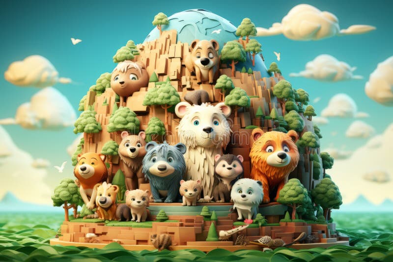 A Group of Animals Sitting on Top of a Mountain Stock Illustration ...