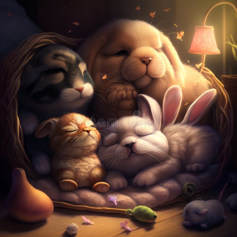 Group of Animals Sleeping in Basket. Generative AI Stock Illustration ...