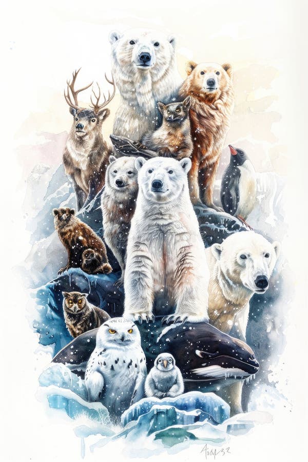 Group of Animals in Snowy Landscape, Suitable for Wildlife Themes Stock ...