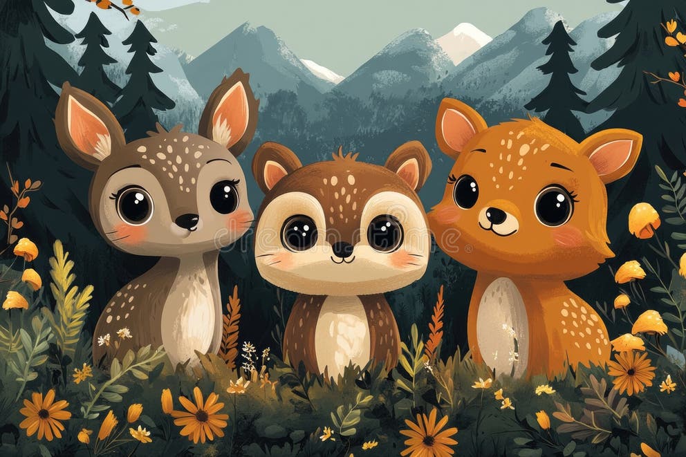 A Group of Animals Stand Together in a Dense Forest, Surrounded by ...