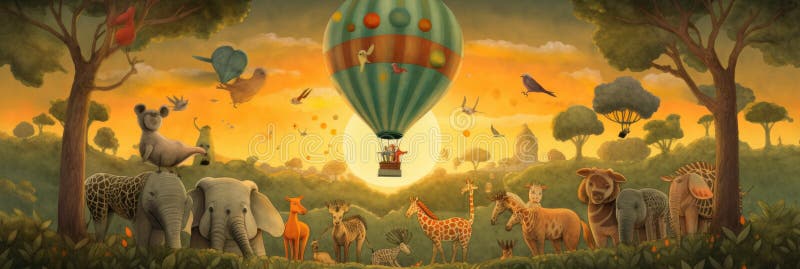A Group of Animals Standing Around a Hot Air Balloon. Generative AI ...
