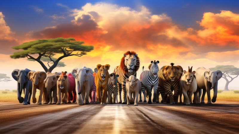 A Group of Animals Standing on a Road in Front of a Sunset Stock ...