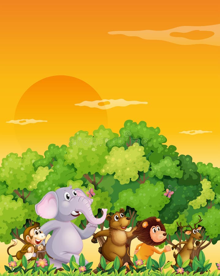 Group Of Animals, Child S Drawing, Watercolor Painting Stock ...