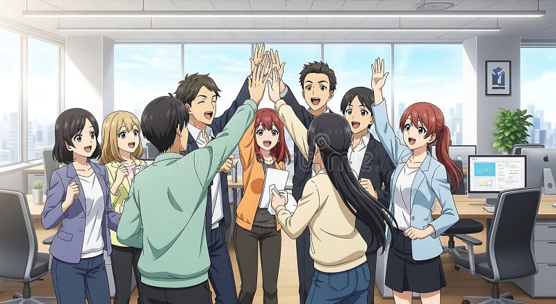 A Group of Animated Characters in an Office Setting Celebrate with ...