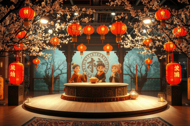 Group of Animated Characters Stands Around Traditional Chinese Table ...