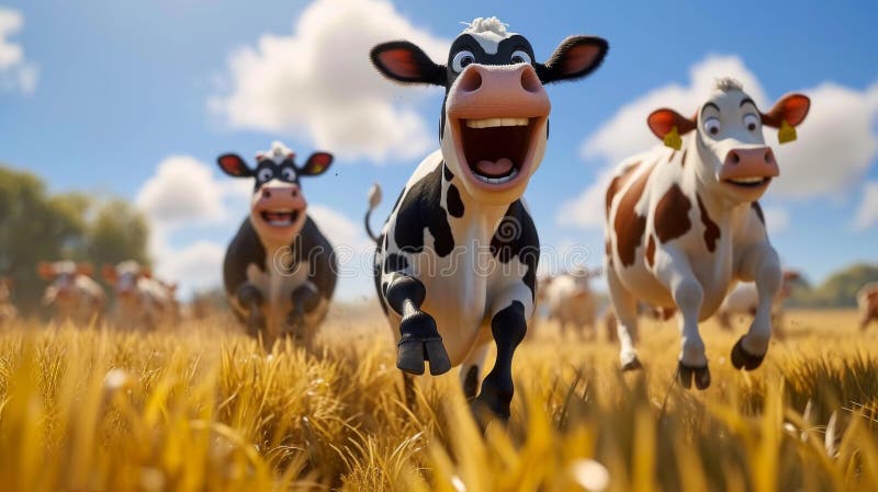 A Group of Animated Cows Running through a Field, AI Stock Illustration ...