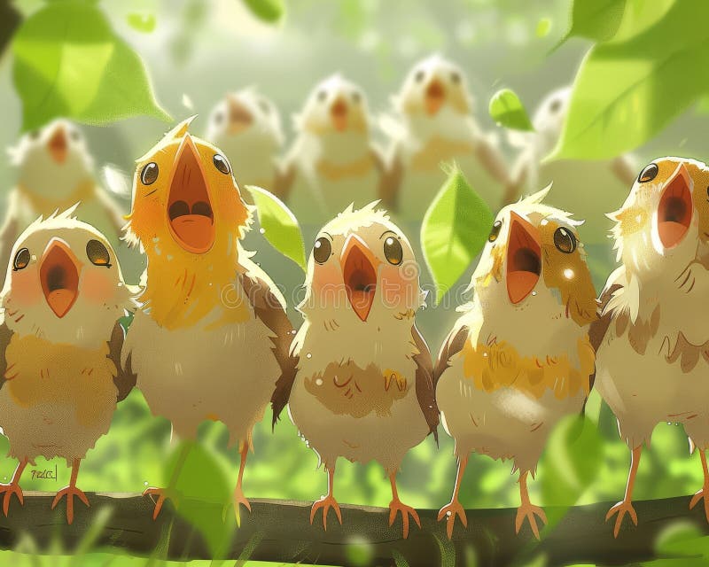 Group of Anime Birds Showcasing a Range of Emotions while Singing ...
