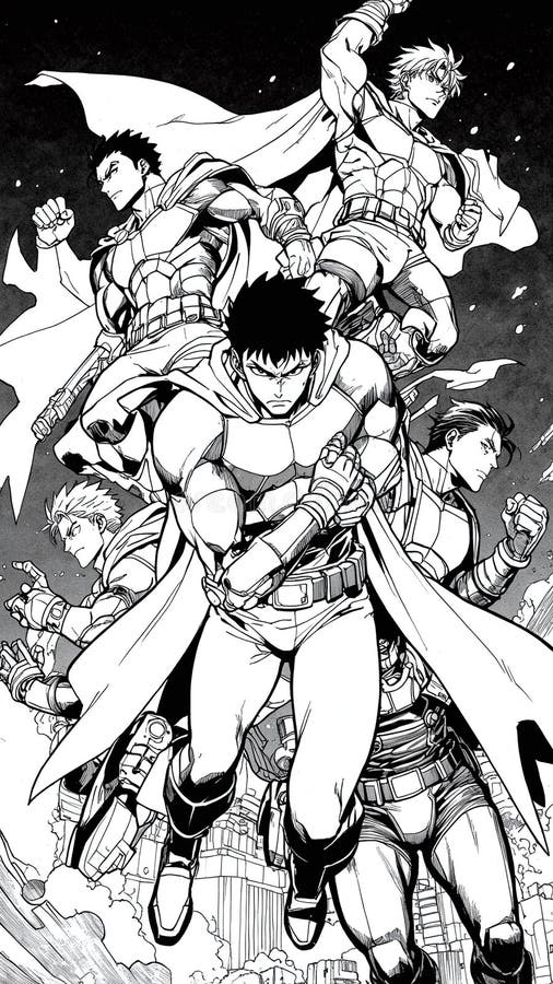 Group of Anime Heroes in Action Poses with Flowing Capes and Bold Lines ...